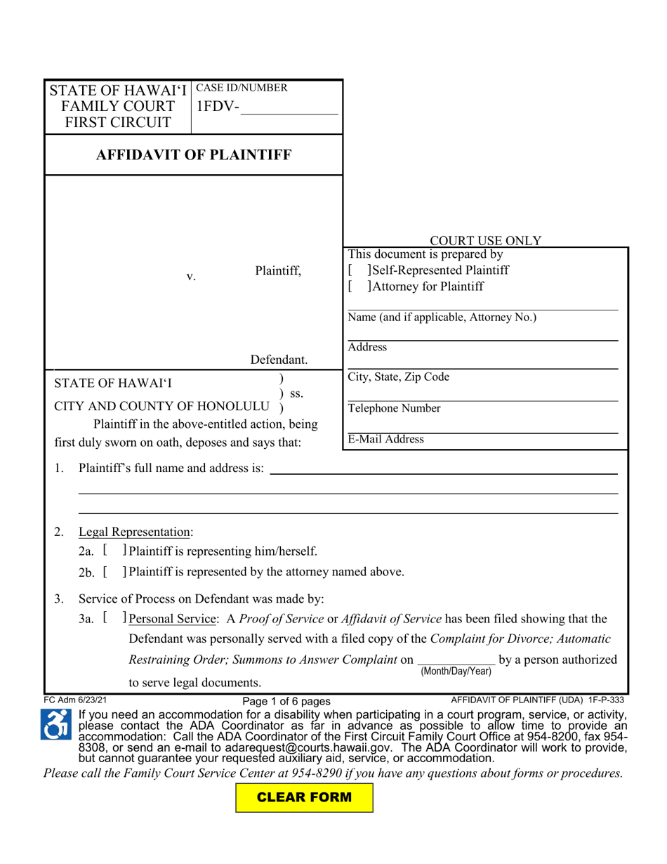 Form 1F-P-333 Download Fillable PDF or Fill Online Affidavit of Plaintiff, Hawaii | Templateroller