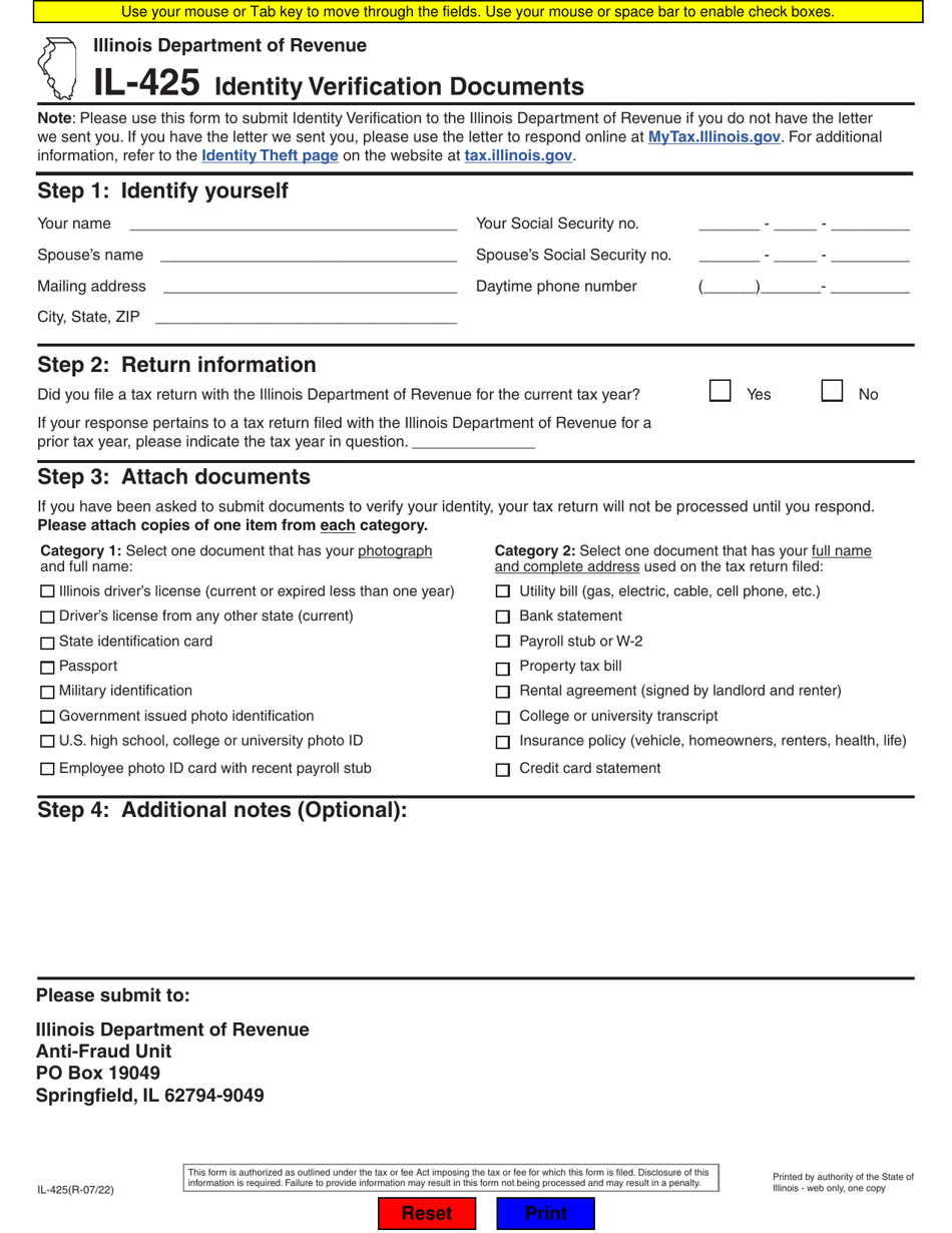 Form IL-425 Download Fillable PDF or Fill Online Identity Verification ...