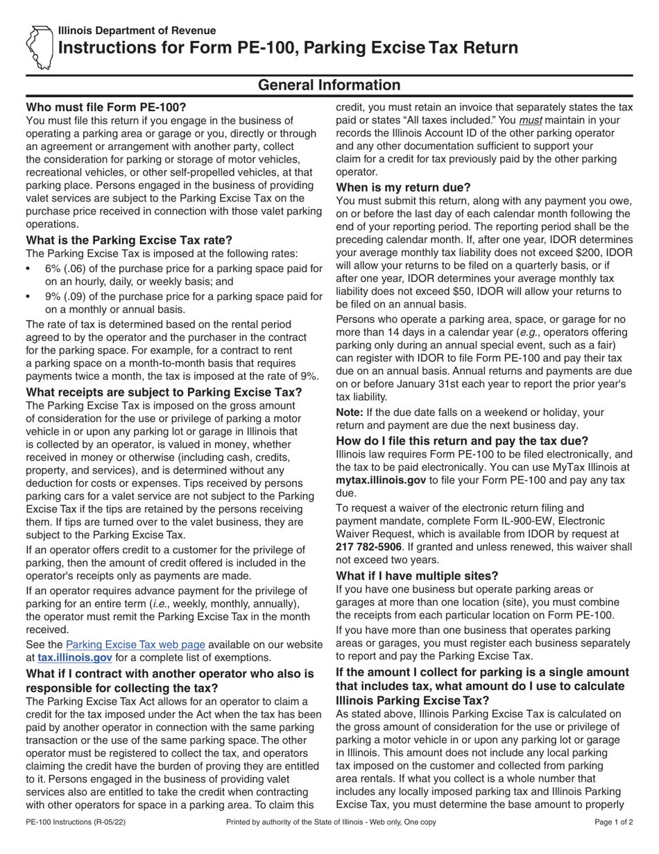 Download Instructions for Form PE-100 Parking Excise Tax Return PDF ...