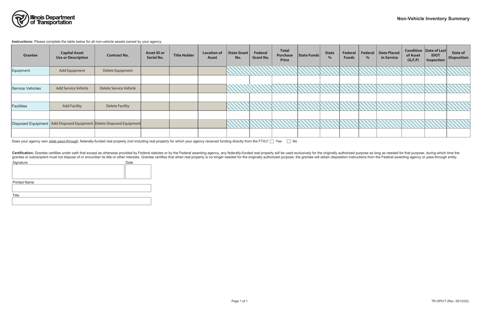Form TR OP017 Download Fillable PDF or Fill Online Non-vehicle Inventory Summary, Illinois 2020 ...