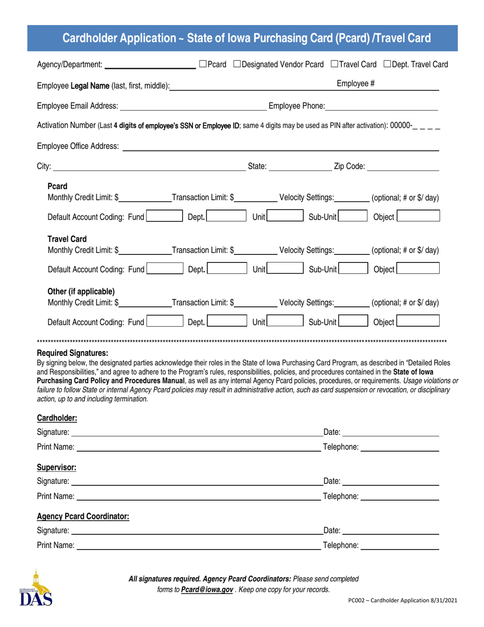 Form PC002 Download Fillable PDF or Fill Online Cardholder Application ...