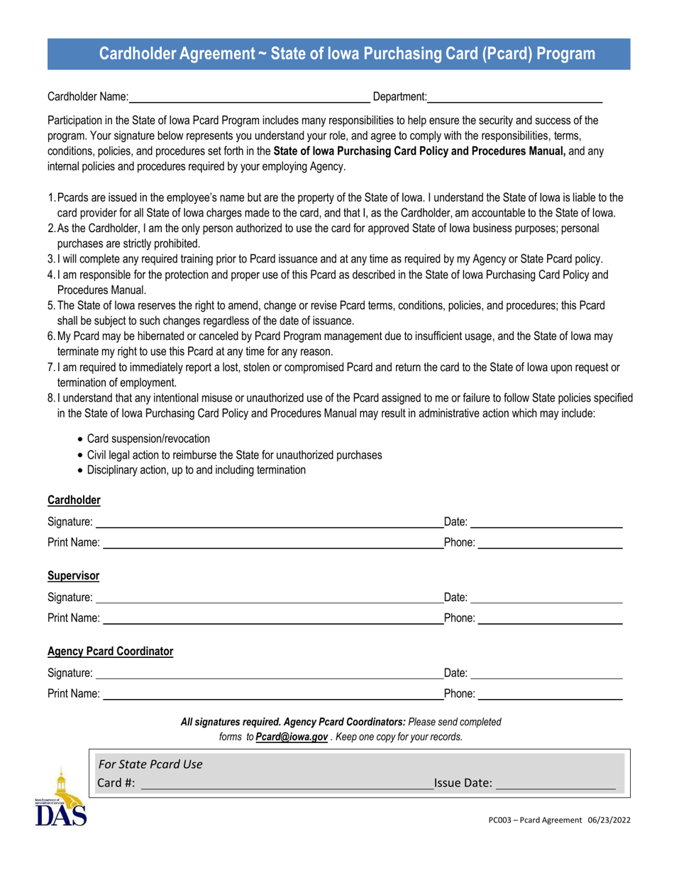 Form PC003 Download Fillable PDF or Fill Online Cardholder Agreement ...