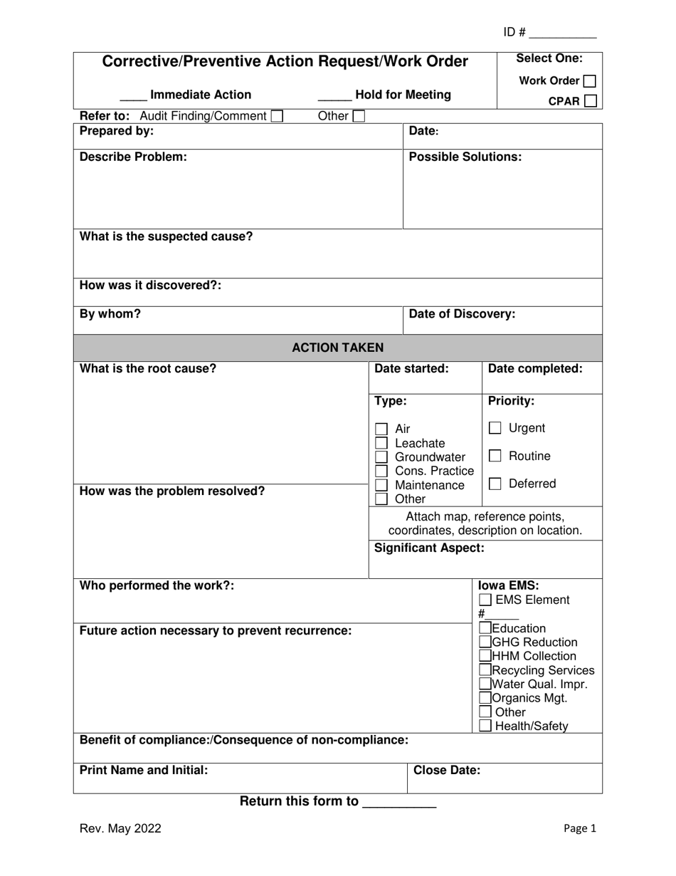 Iowa Corrective/Preventive Action Request/Work Order Download Fillable PDF | Templateroller