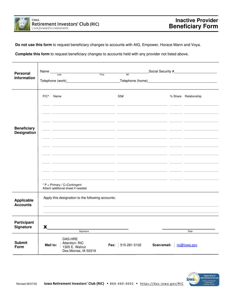 Iowa Inactive Provider Beneficiary Form - Retirement Investors' Club ...