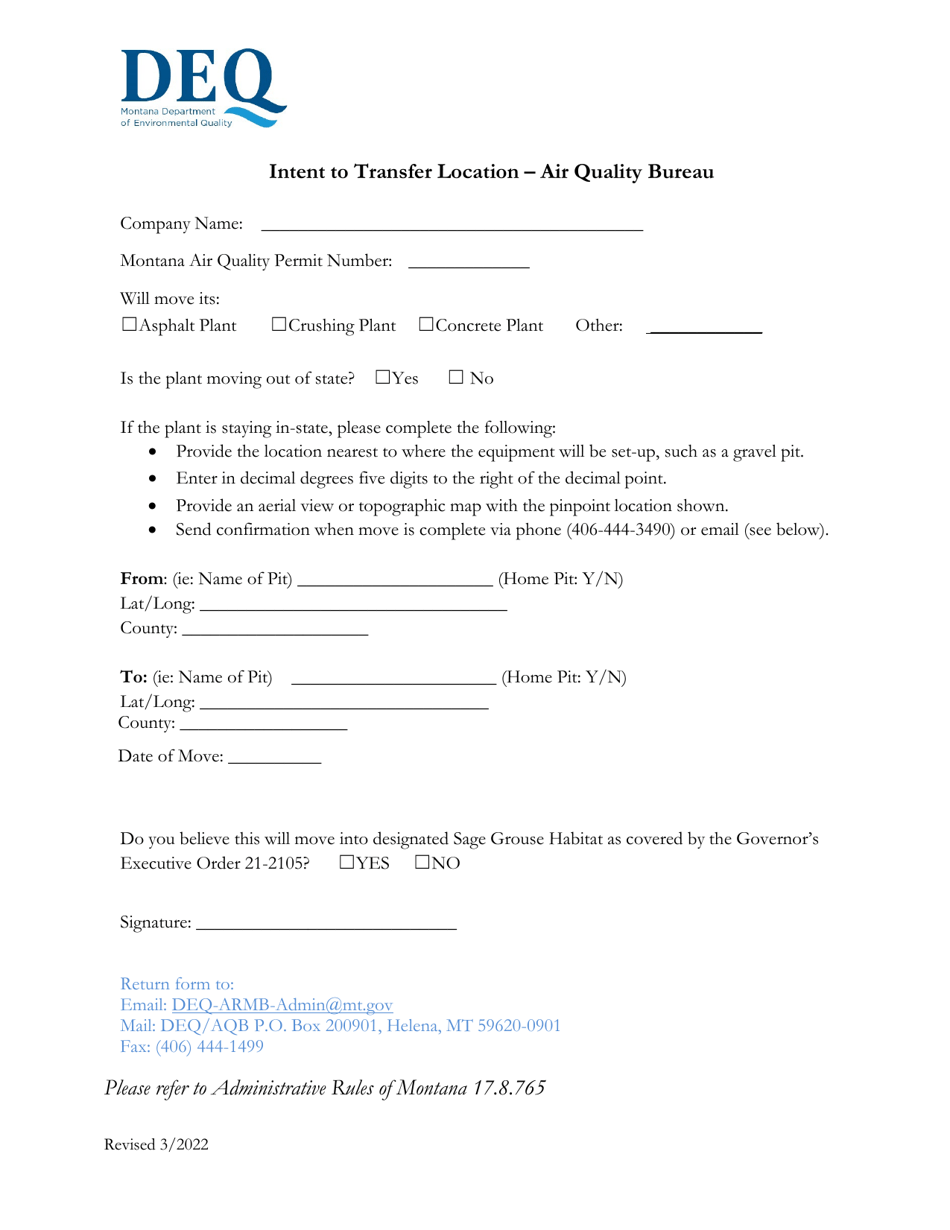 Montana Intent to Transfer Location - Air Quality Bureau - Fill Out ...