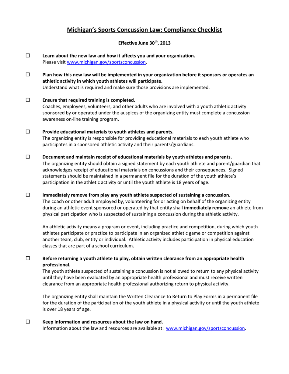 Michigan Michigan's Sports Concussion Law: Compliance Checklist - Fill ...