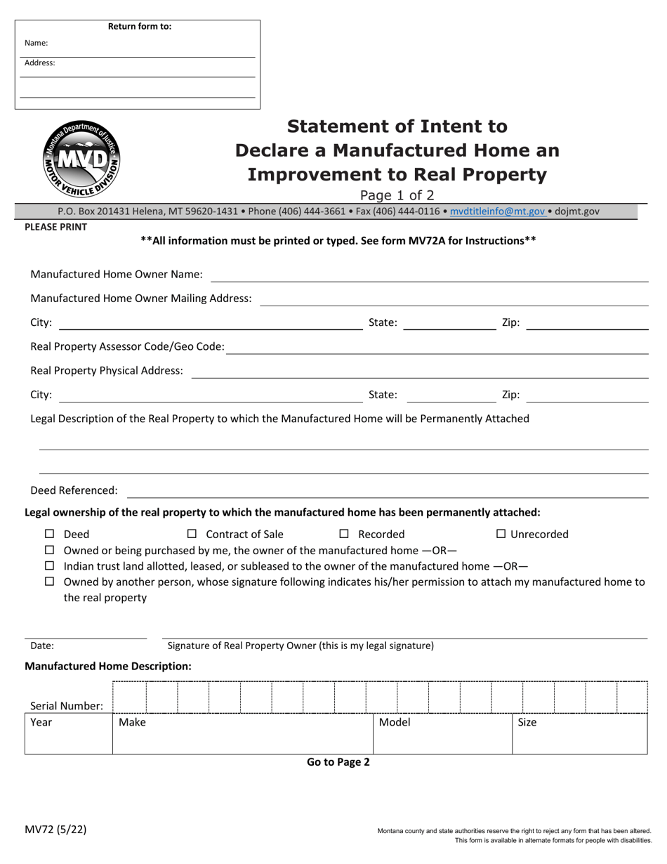 Form MV72 - Fill Out, Sign Online and Download Fillable PDF, Montana ...