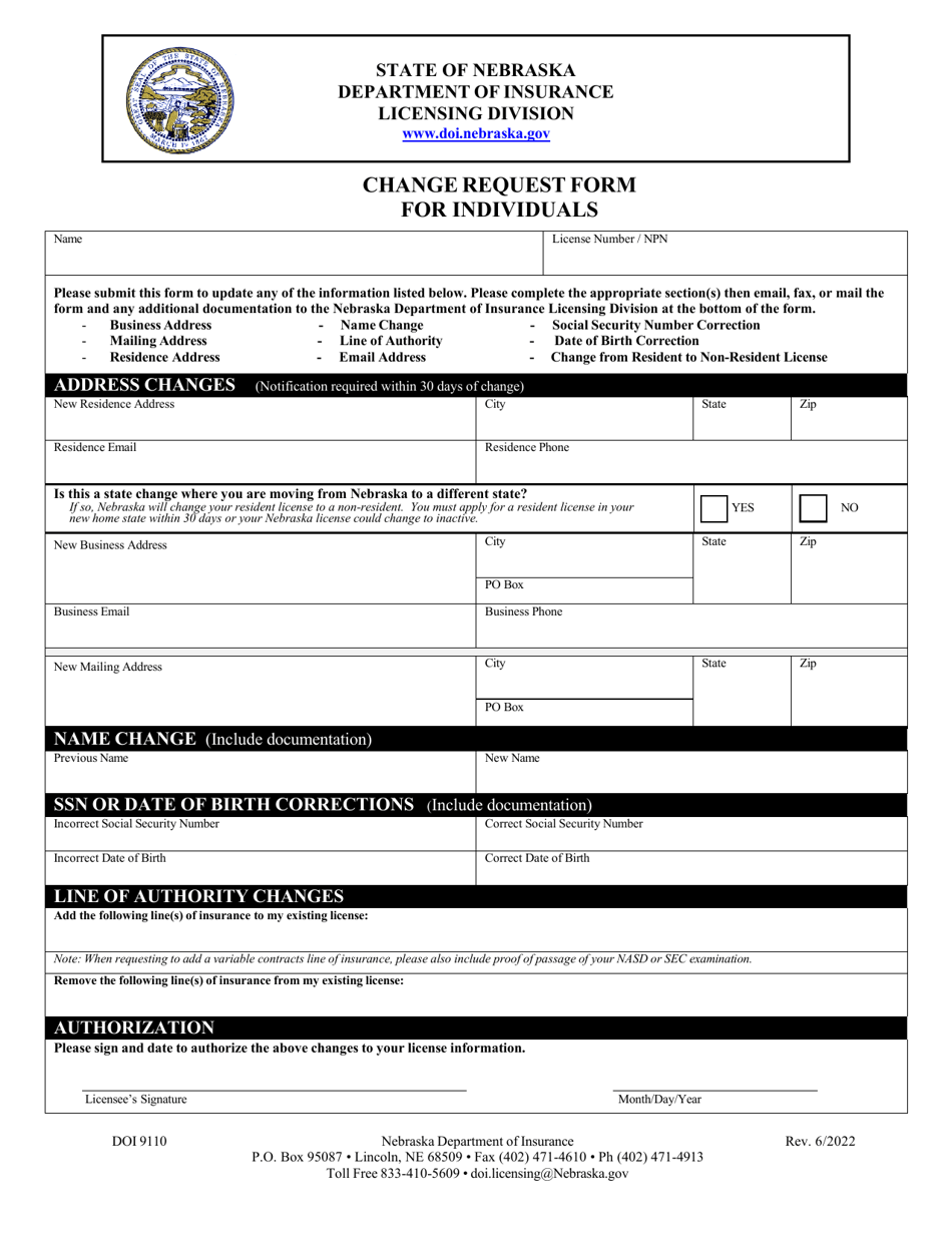 Form DOI9110 Download Fillable PDF or Fill Online Change Request Form ...