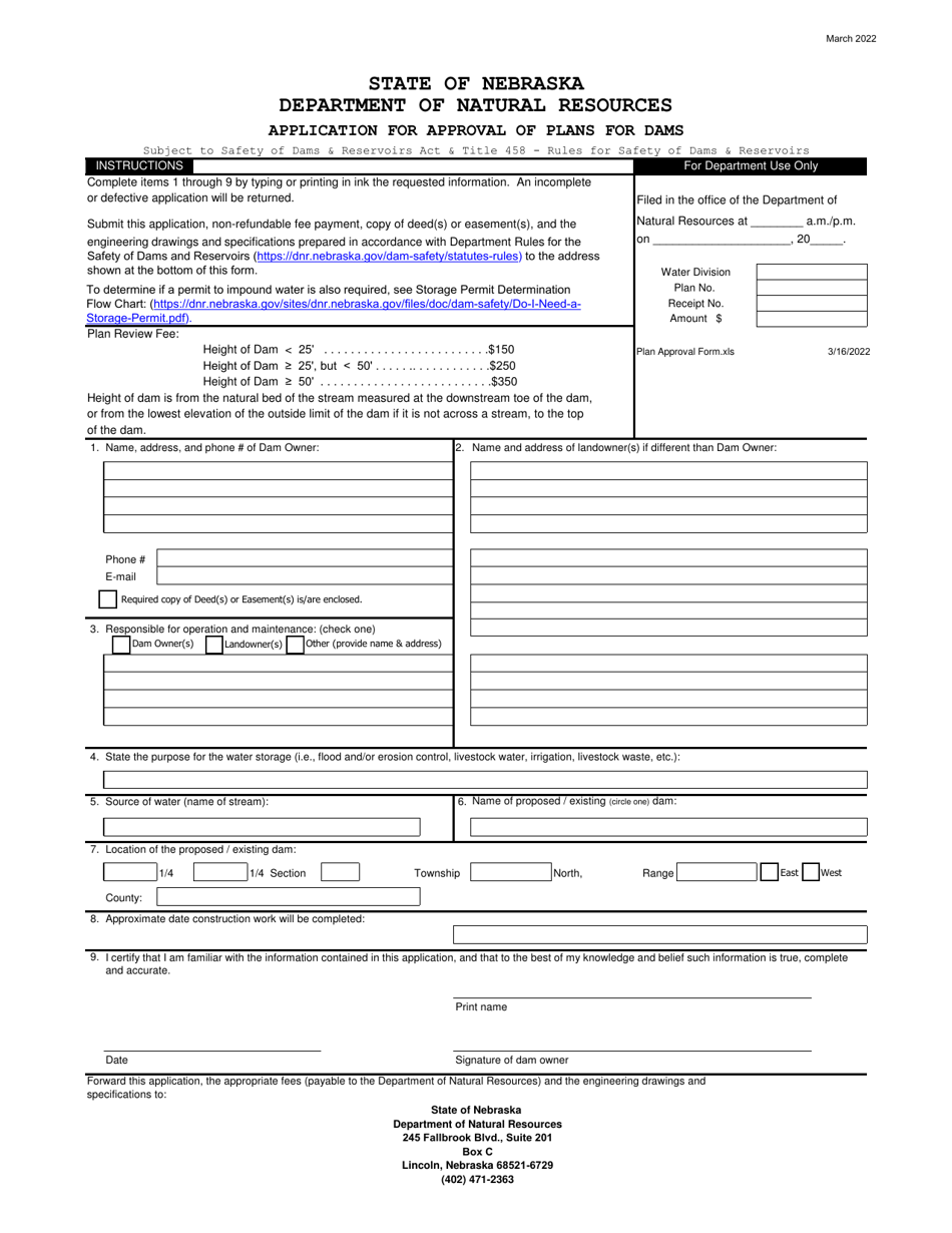 Nebraska Application for Approval of Plans for Dams - Fill Out, Sign Online and Download PDF ...