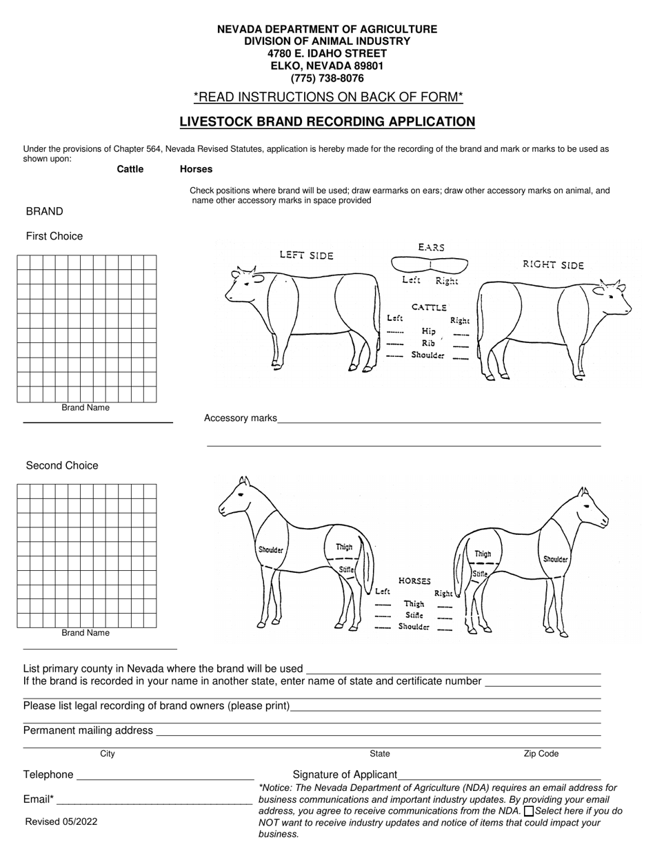 Nevada Livestock Brand Recording Application Form Download Printable ...
