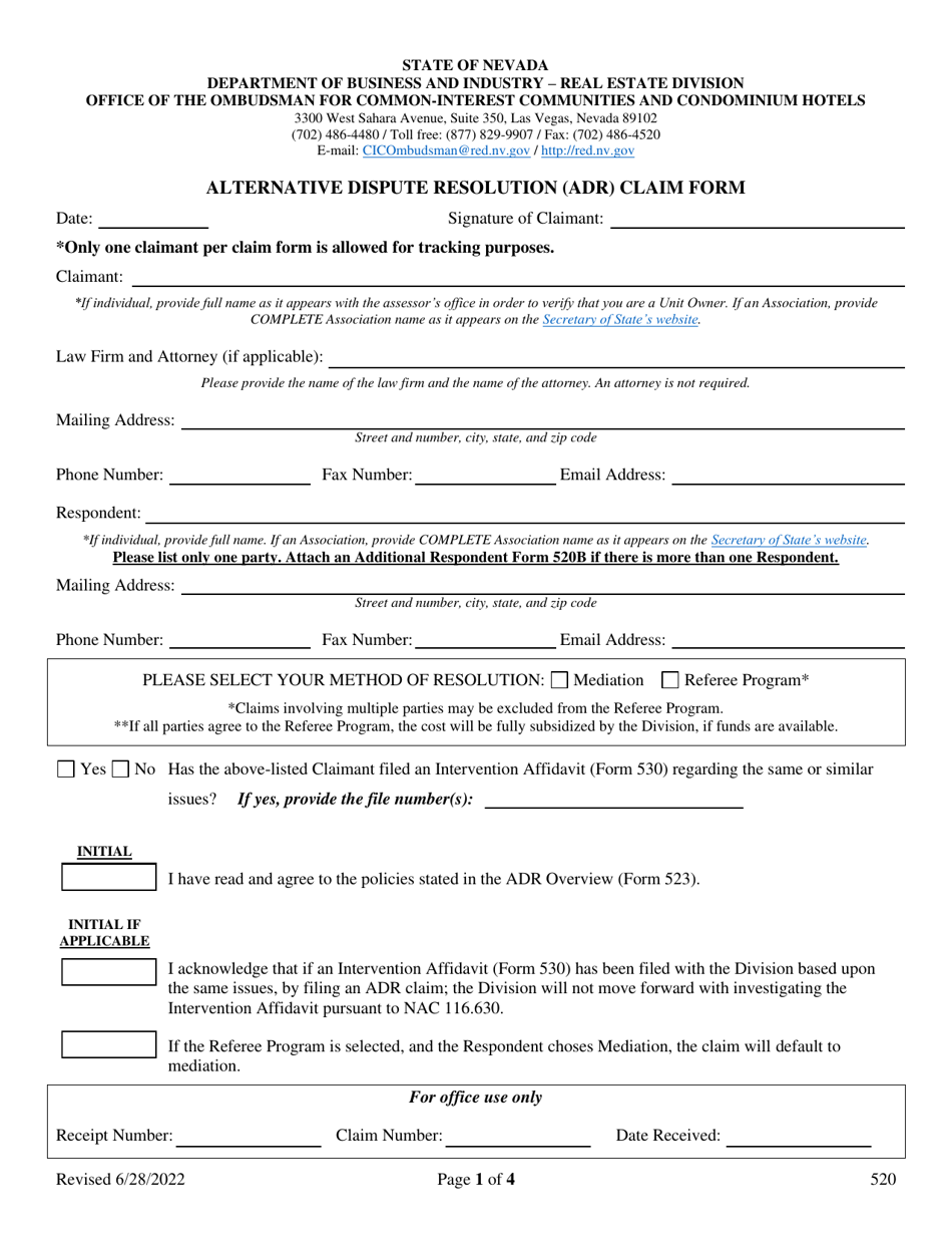 Form 520 - Fill Out, Sign Online and Download Fillable PDF, Nevada ...