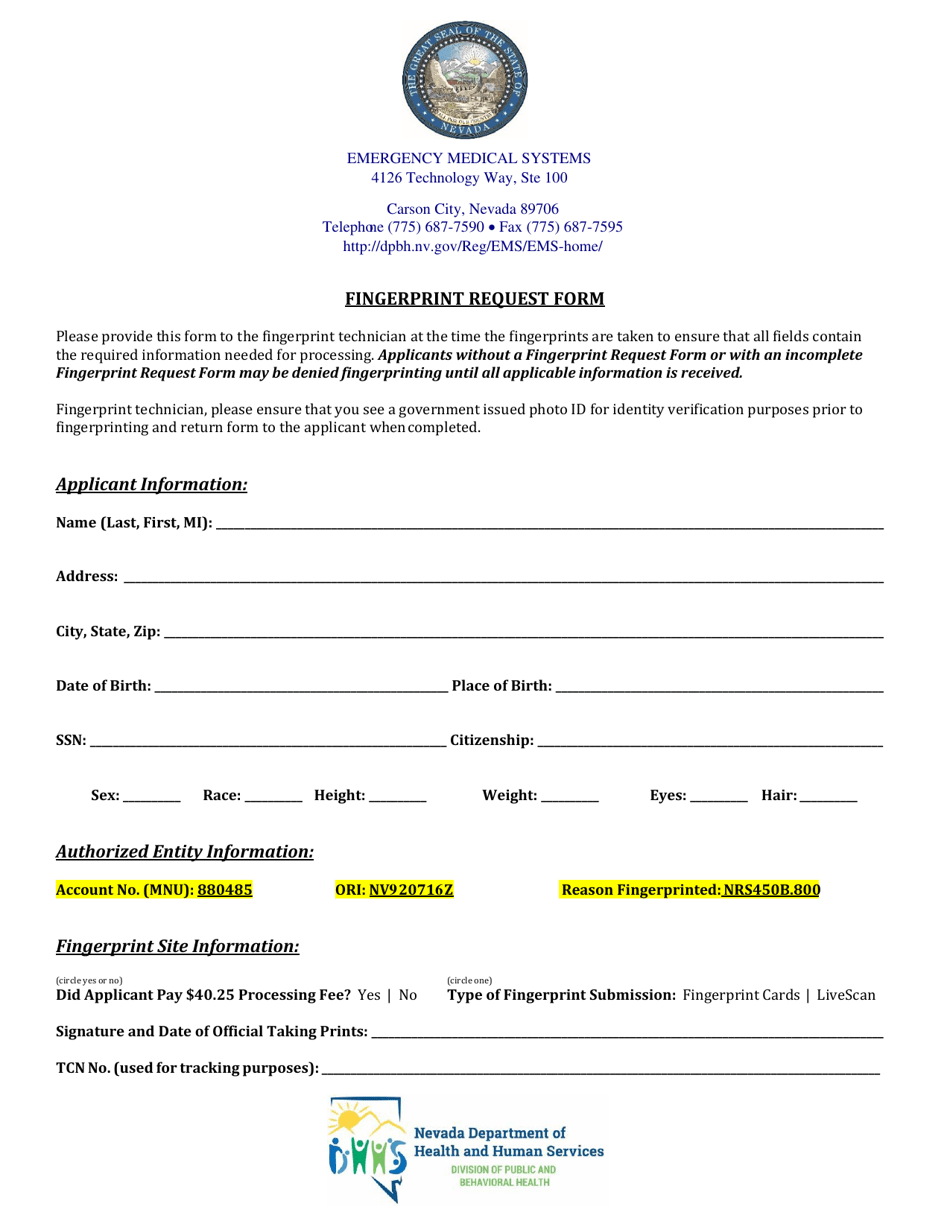 Nevada Fingerprint Request Form - Fill Out, Sign Online and Download ...