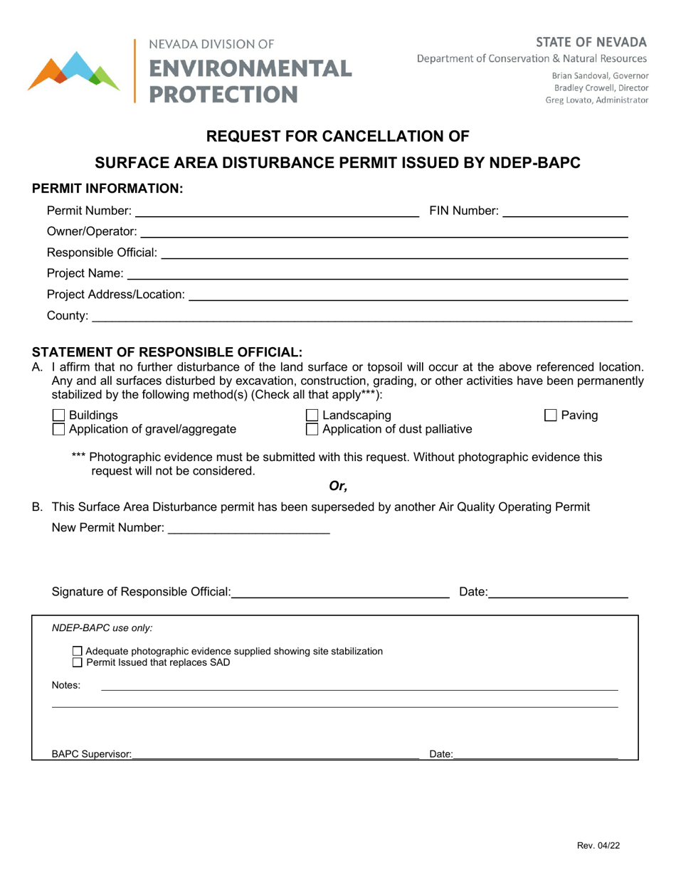 Nevada Request for Cancellation of Surface Area Disturbance Permit ...