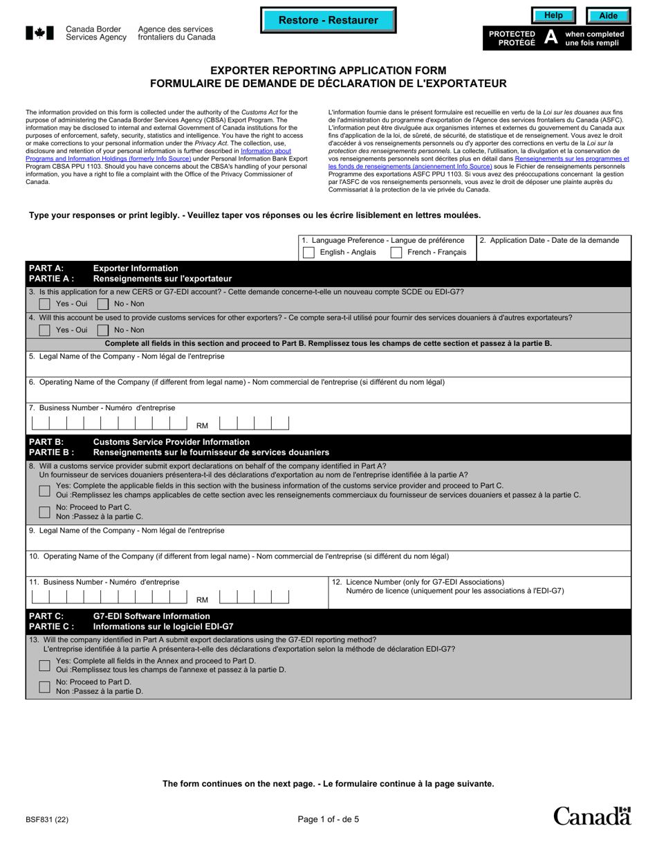 Form BSF831 Download Fillable PDF or Fill Online Exporter Reporting ...