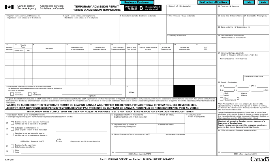Form E29B Download Fillable PDF or Fill Online Temporary Admission ...