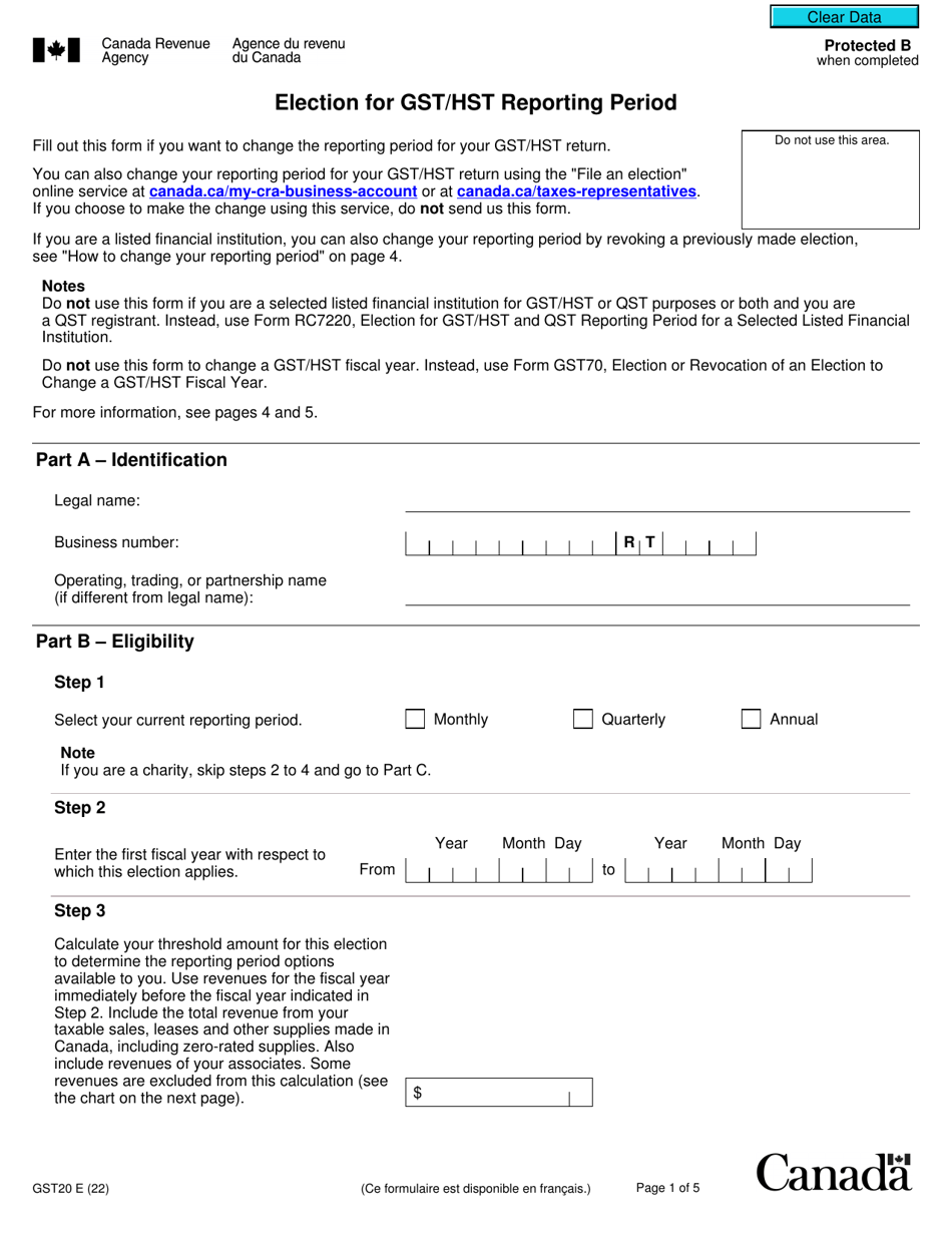 Form GST20 Download Fillable PDF or Fill Online Election for Gst/Hst ...