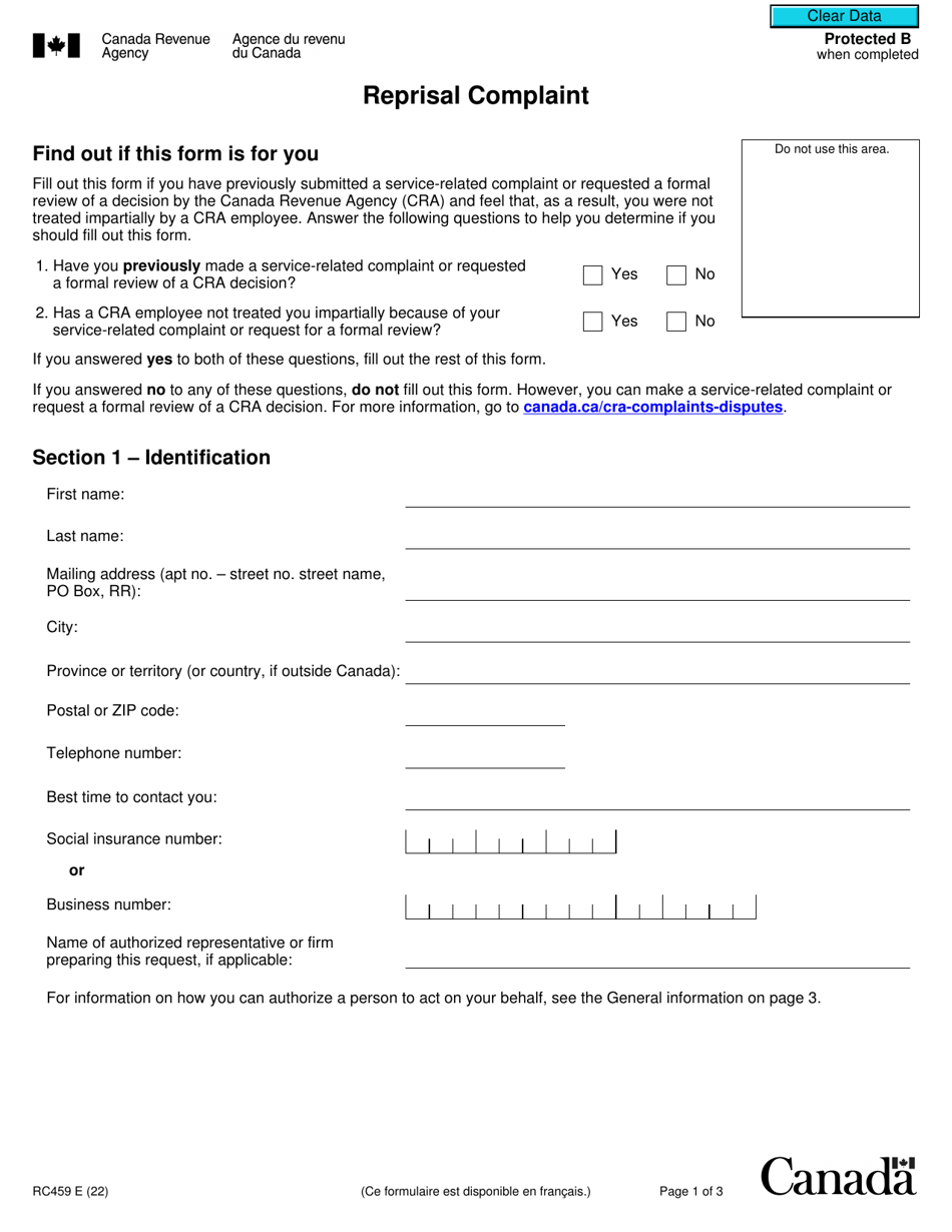Form RC459 - Fill Out, Sign Online and Download Fillable PDF, Canada | Templateroller