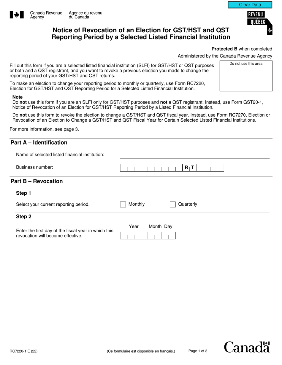Form RC7220-1 - Fill Out, Sign Online and Download Fillable PDF, Canada ...