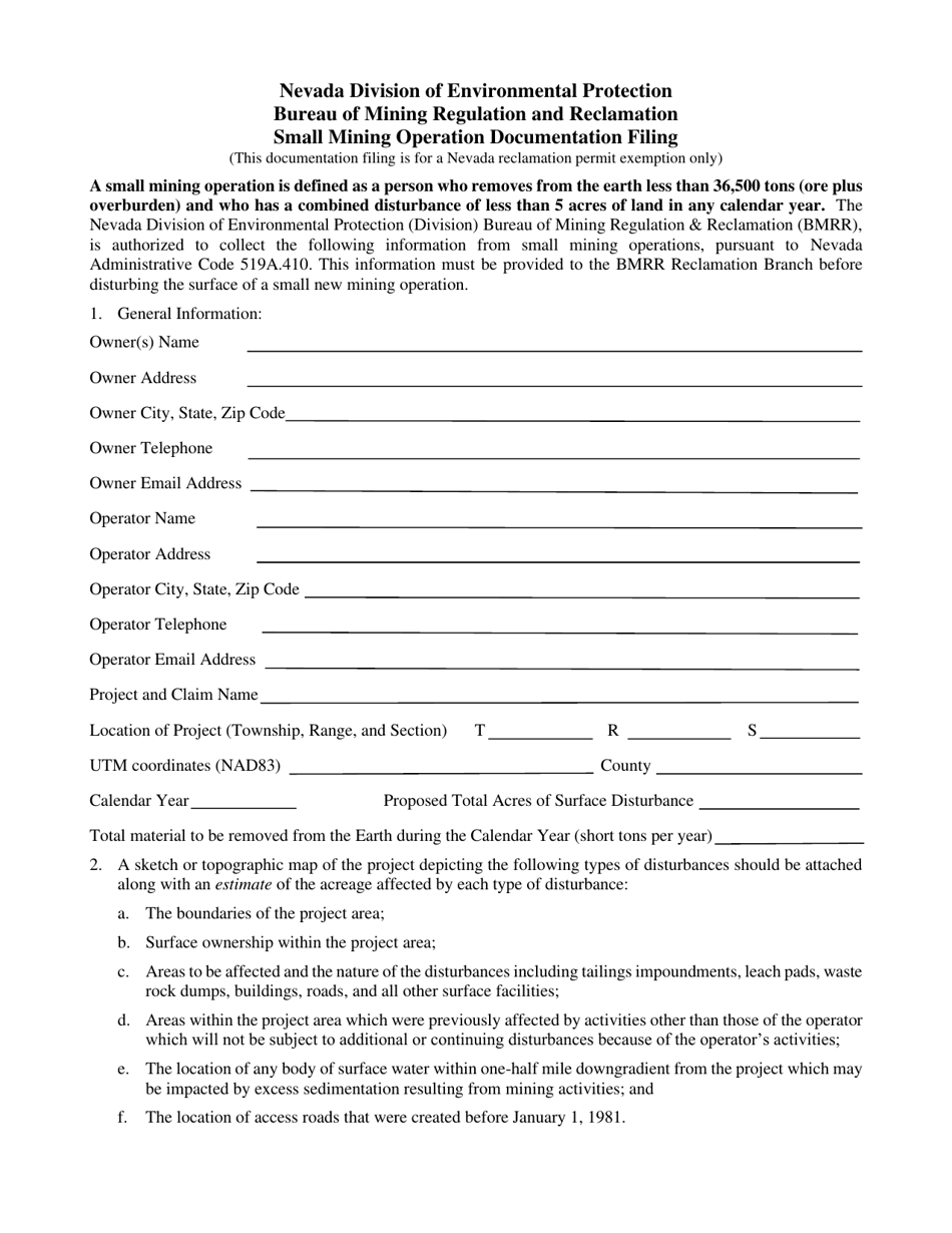 Nevada Small Mining Operation Documentation Filing - Fill Out, Sign ...