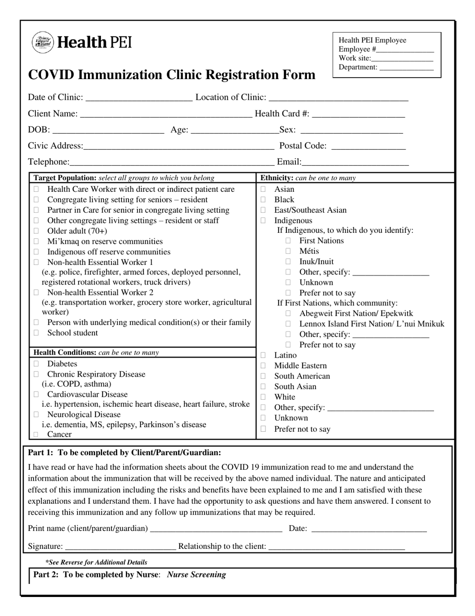 Prince Edward Island Canada Covid Immunization Clinic Registration Form ...