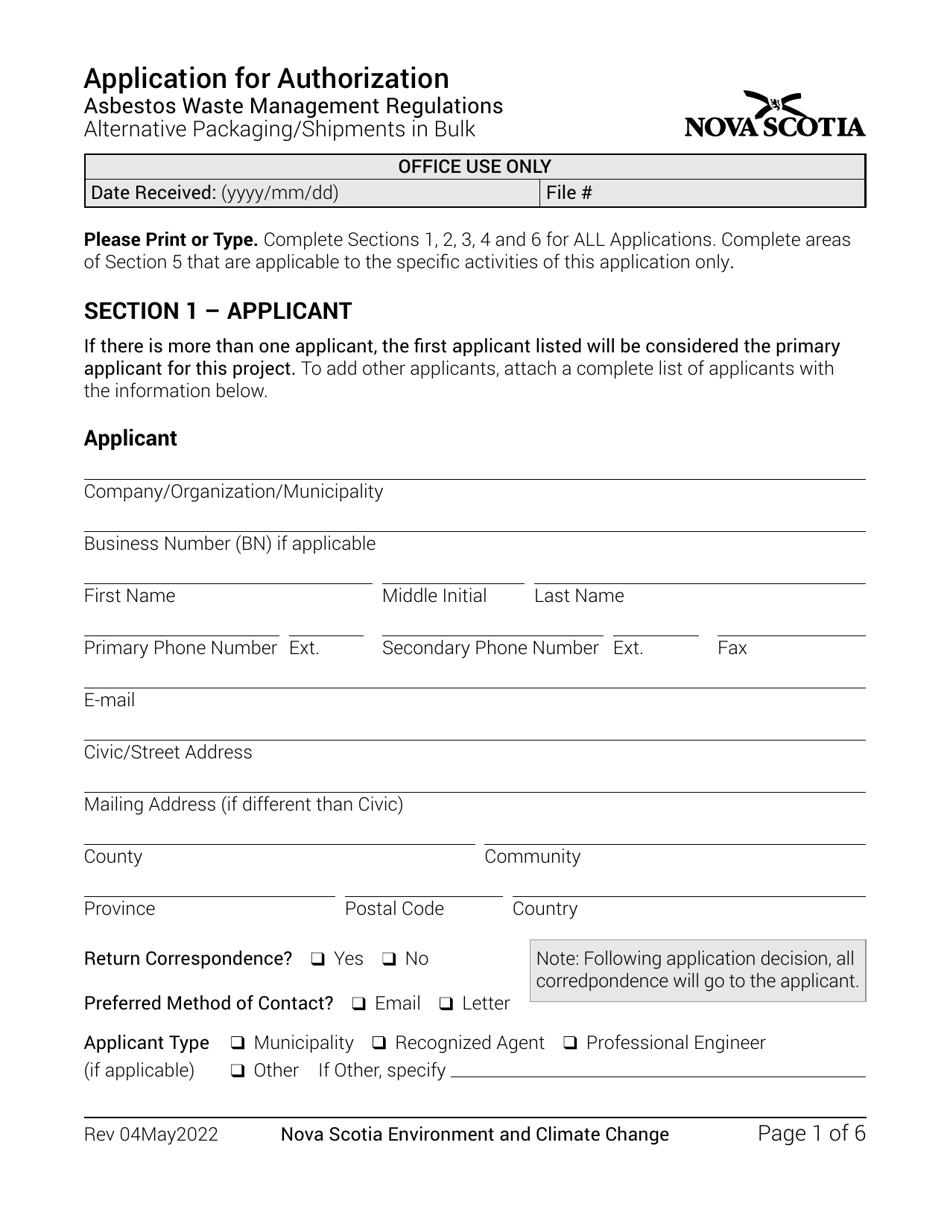 Nova Scotia Canada Application for Authorization - Asbestos Waste Management Regulations ...
