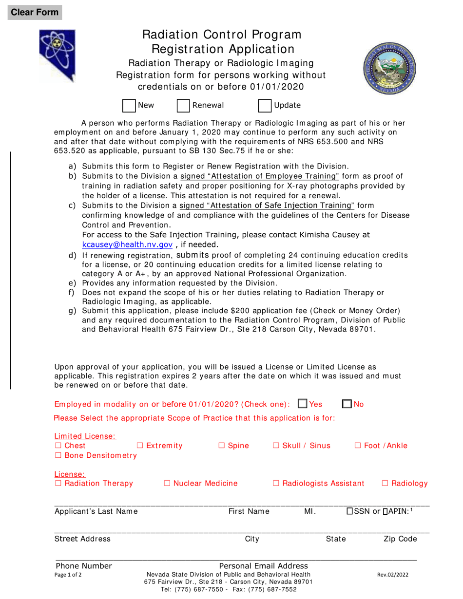 Nevada Radiation Control Program Registration Form for Radiation ...
