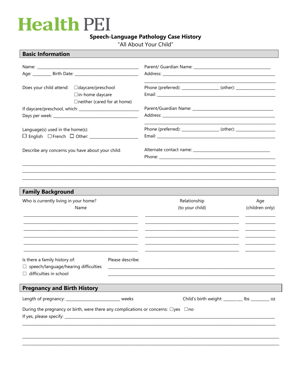 Prince Edward Island Canada Speech-Language Pathology Case History ...