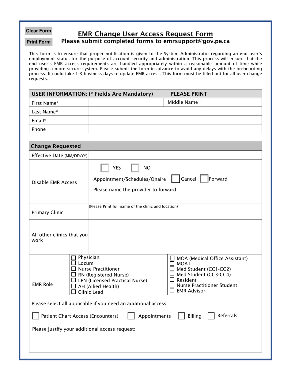 Prince Edward Island Canada Emr Change User Access Request Form - Fill ...