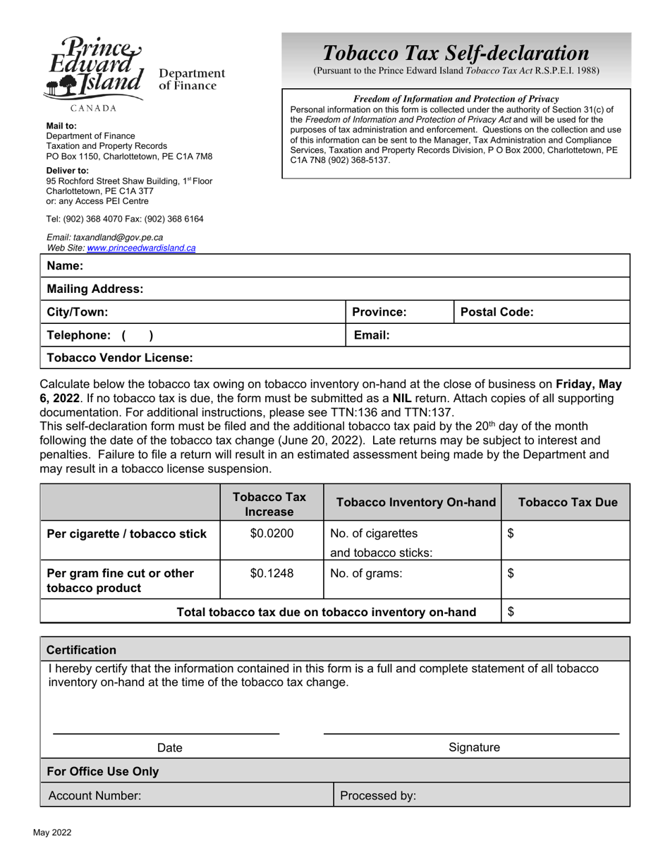 Prince Edward Island Canada Tobacco Tax Self-declaration Download ...