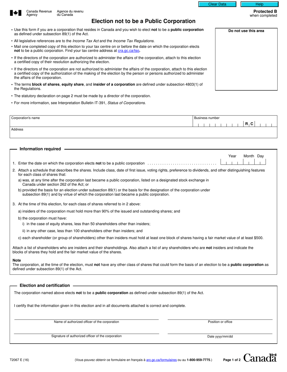 Form T2067 - Fill Out, Sign Online and Download Fillable PDF, Canada | Templateroller
