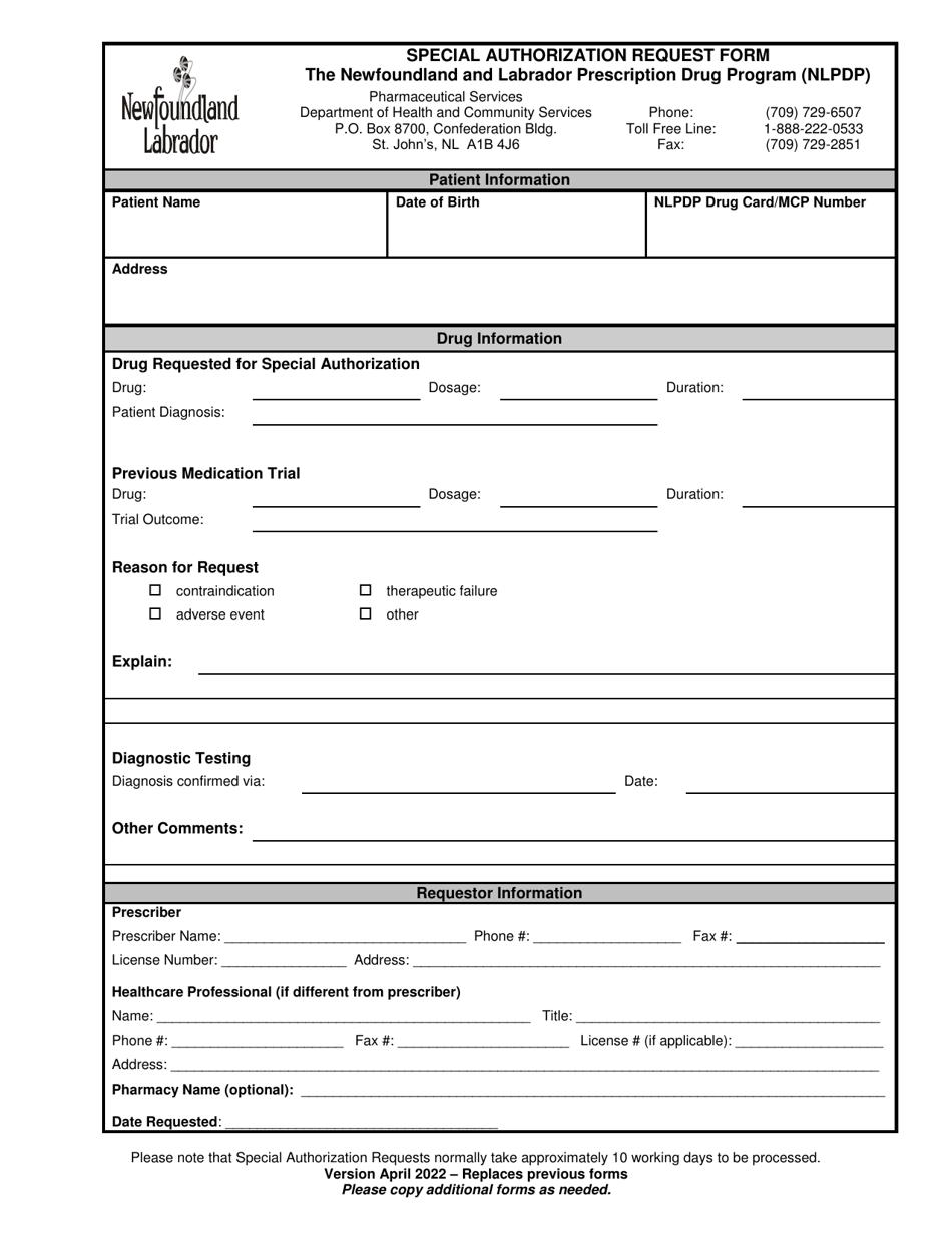 Newfoundland and Labrador Canada Special Authorization Request Form ...