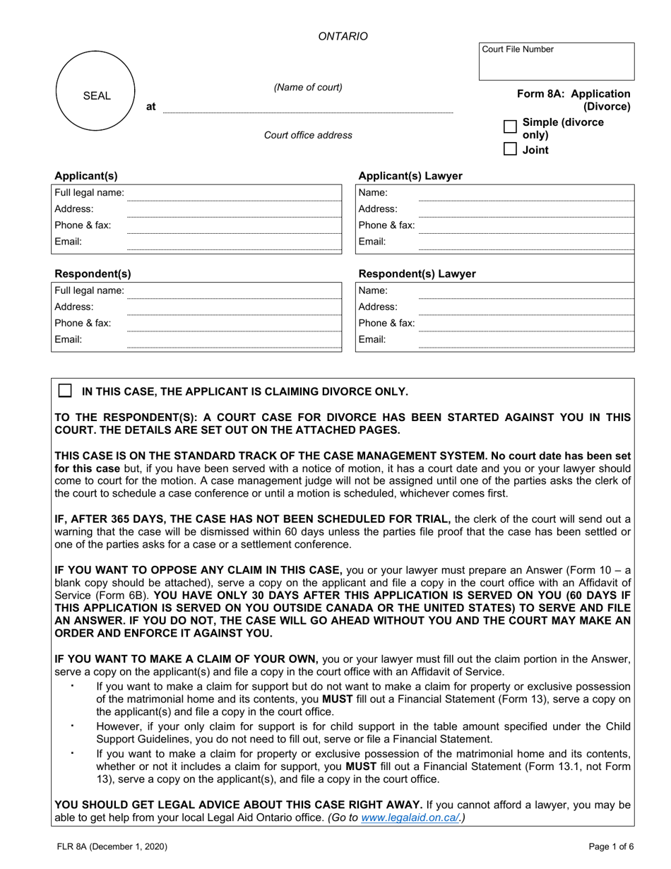 Form 8A Download Fillable PDF or Fill Online Application (Divorce ...