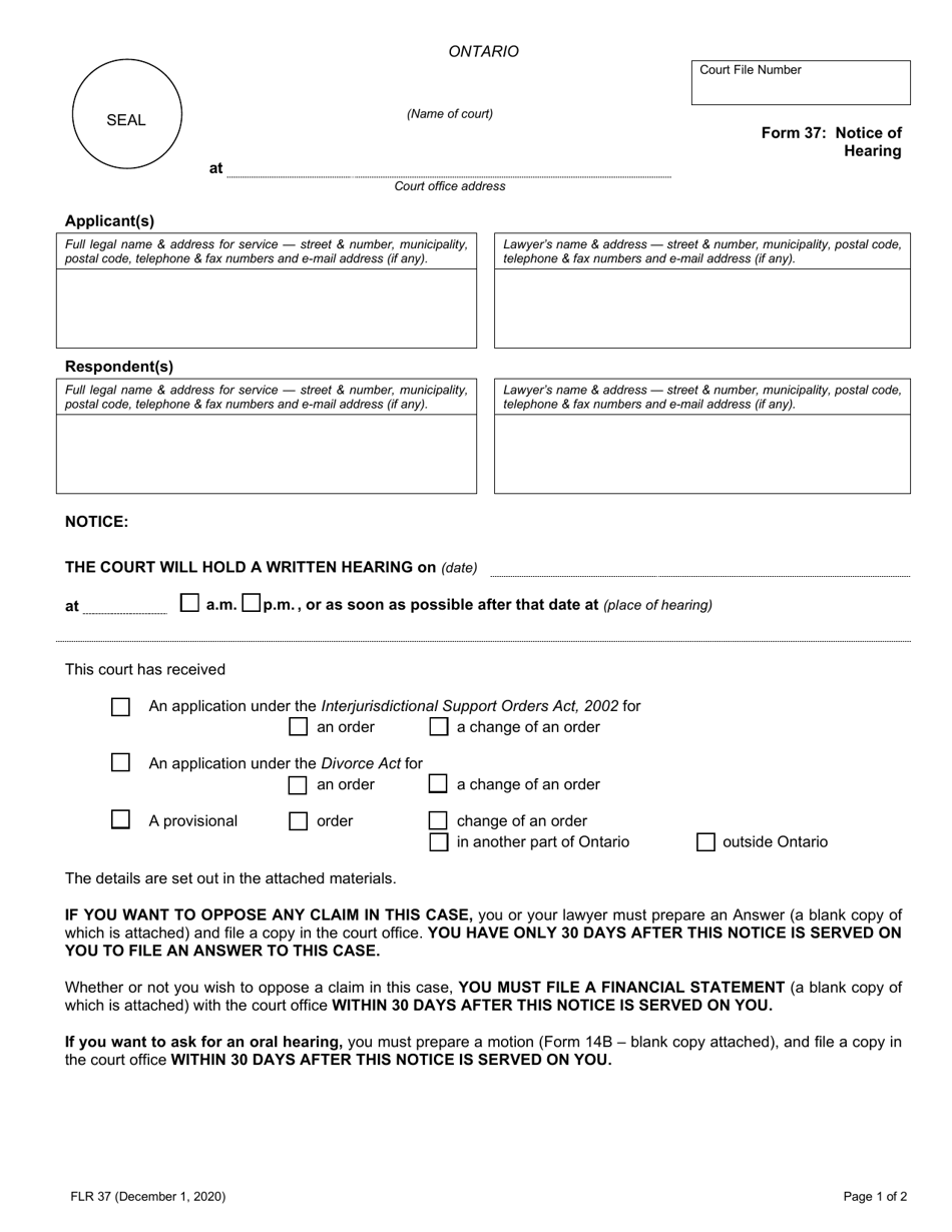 Form 37 Download Fillable PDF or Fill Online Notice of Hearing, Ontario ...