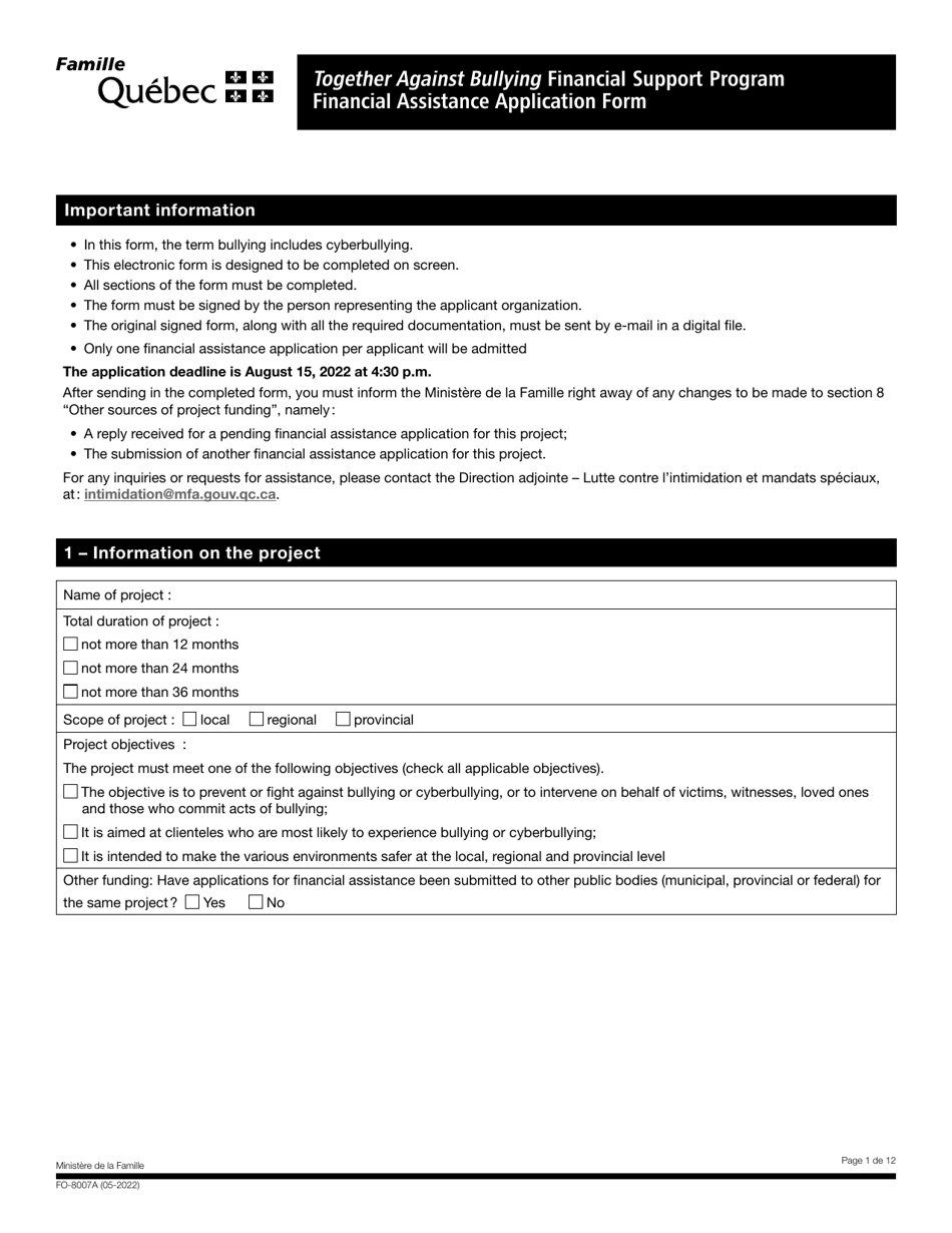 Form FO-8007A - Fill Out, Sign Online and Download Fillable PDF, Quebec Canada | Templateroller