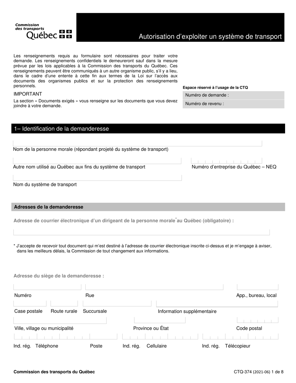 Form CTQ-374 - Fill Out, Sign Online and Download Printable PDF, Quebec ...