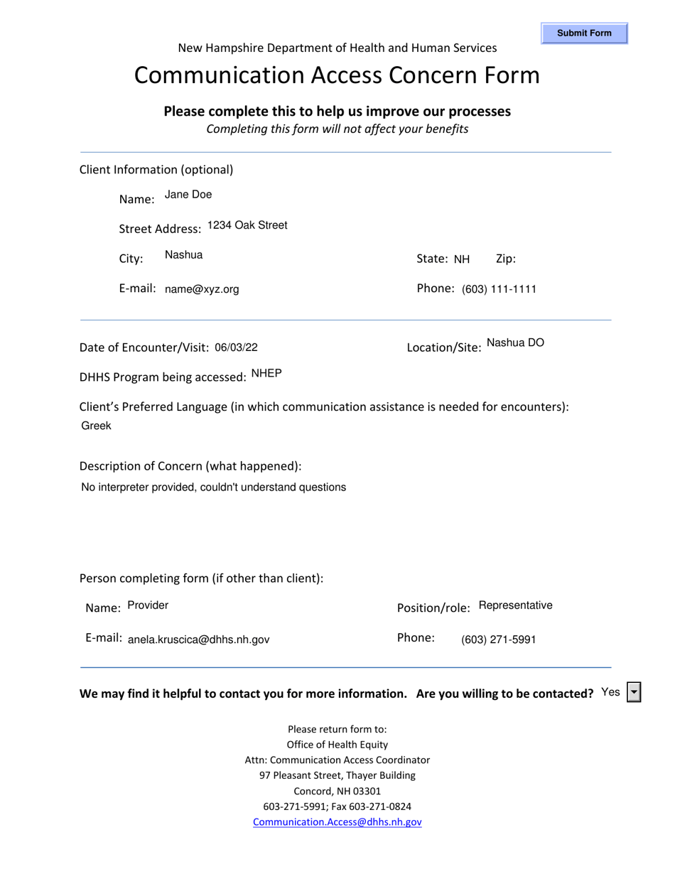 New Hampshire Communication Access Concern Form - Fill Out, Sign Online ...