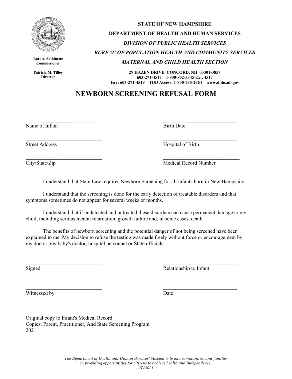 New Hampshire Newborn Screening Refusal Form - Fill Out, Sign Online ...