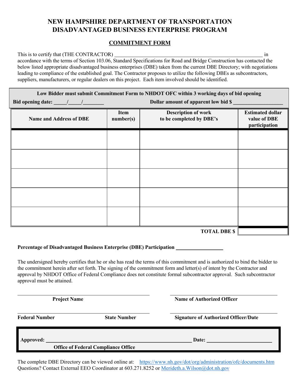New Hampshire Commitment Form - Disadvantaged Business Enterprise ...