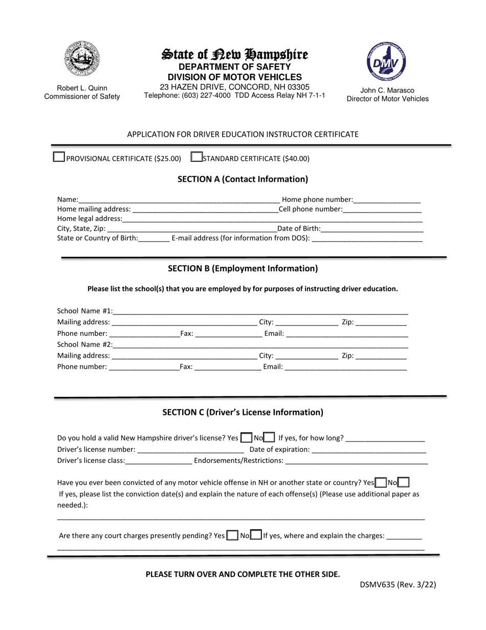 Form DSMV635 Download Fillable PDF or Fill Online Application for Driver Education Instructor ...