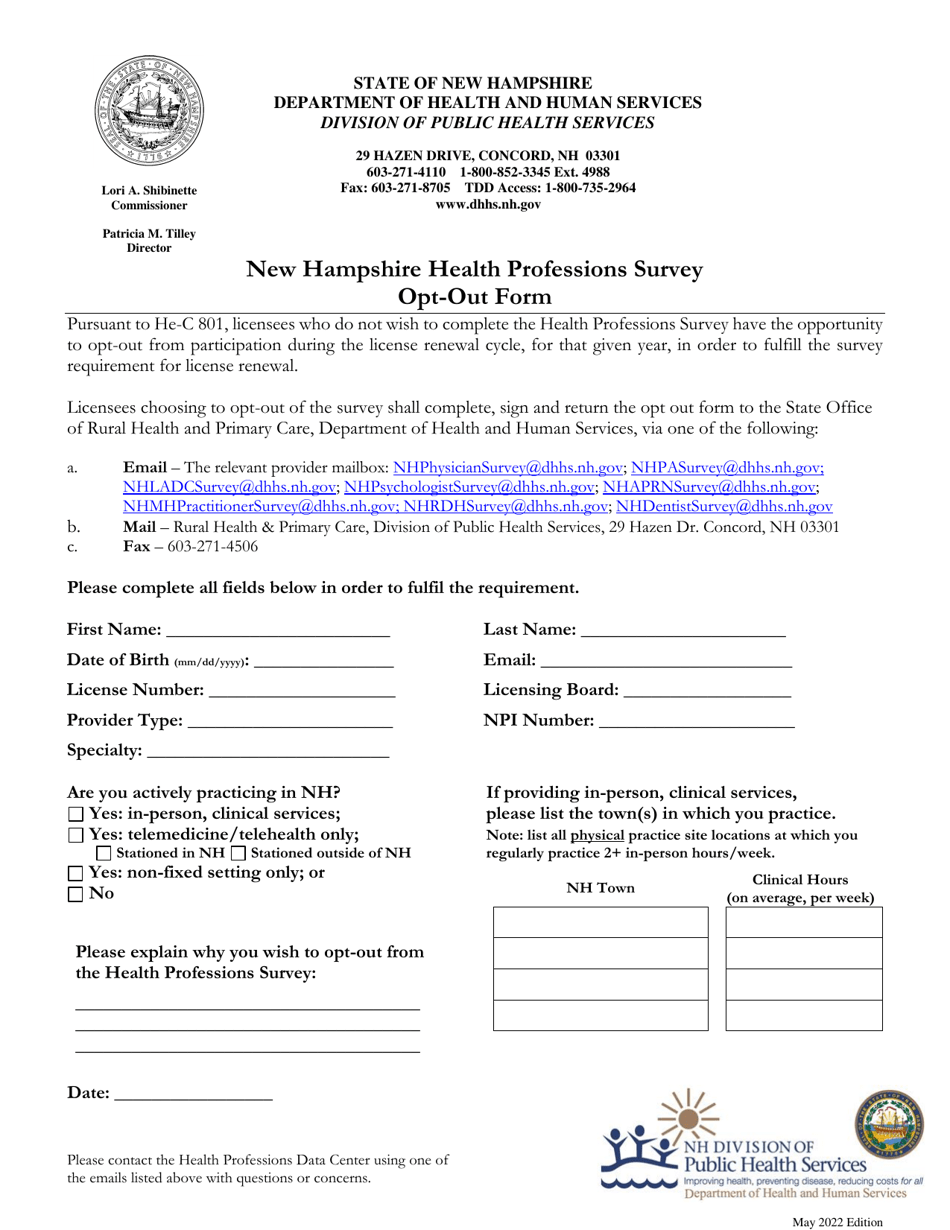 New Hampshire New Hampshire Health Professions Survey Opt-Out Form ...