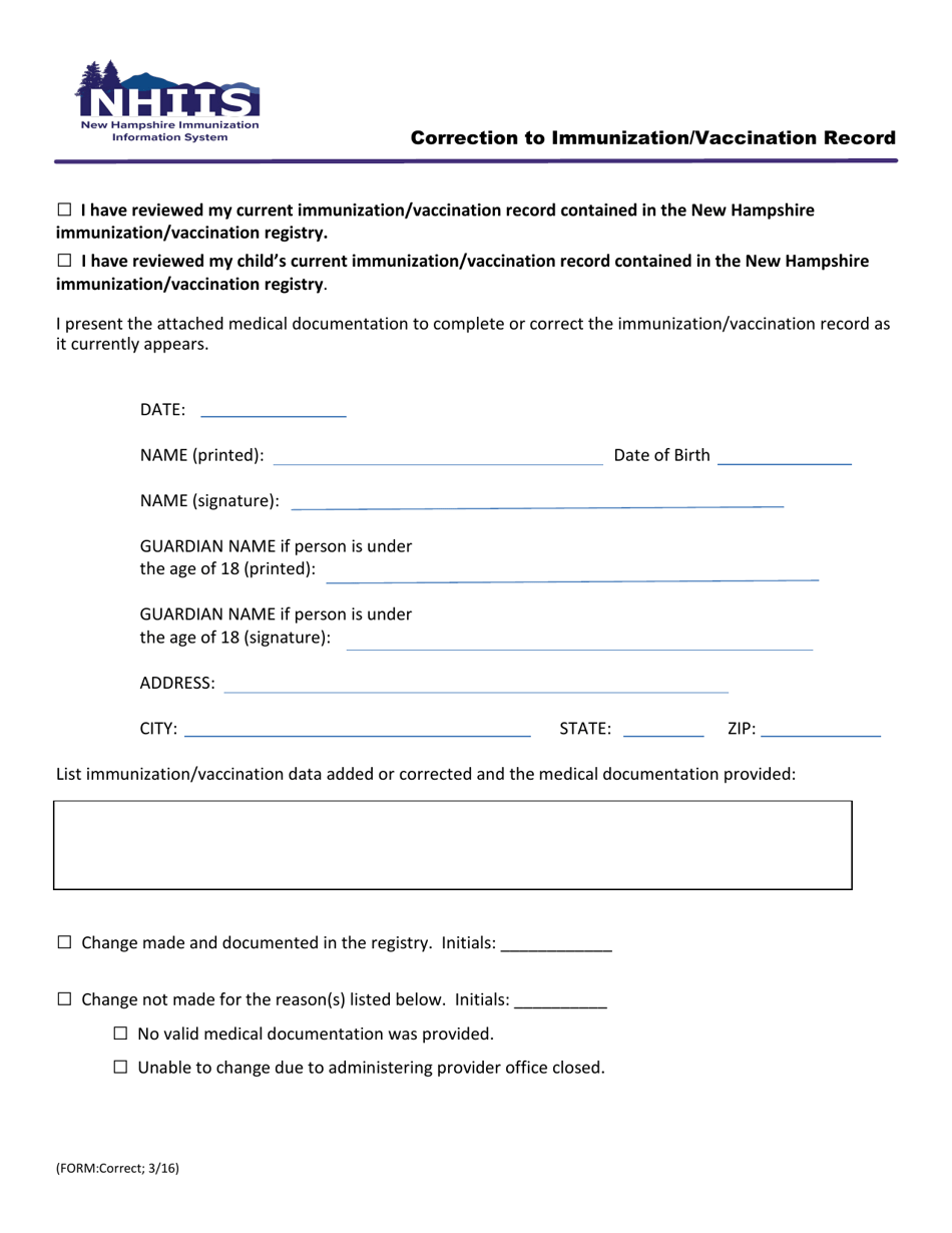 New Hampshire Correction to Immunization/Vaccination Record - Fill Out ...