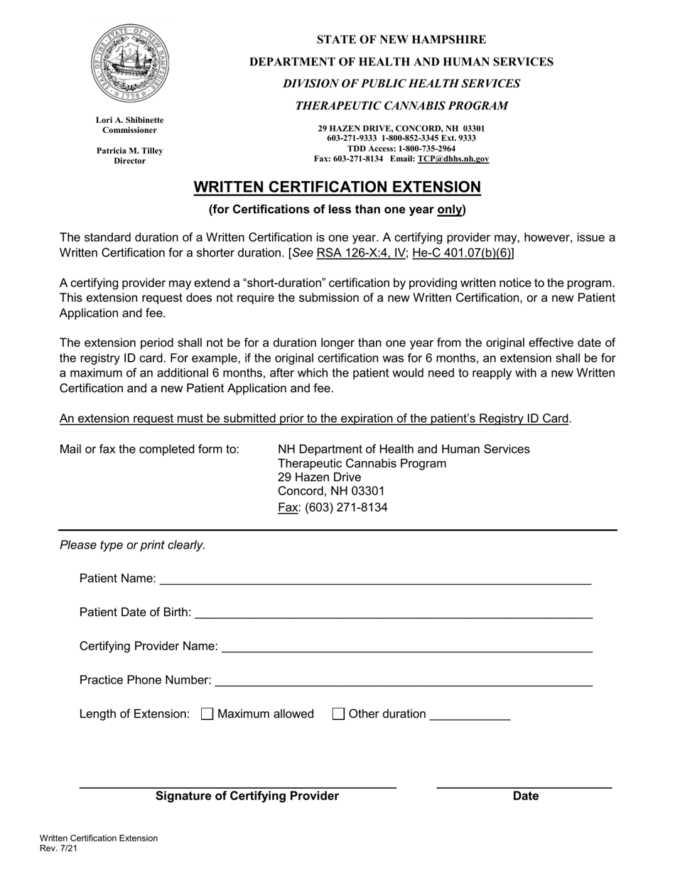New Hampshire Written Certification Extension - Therapeutic Cannabis ...