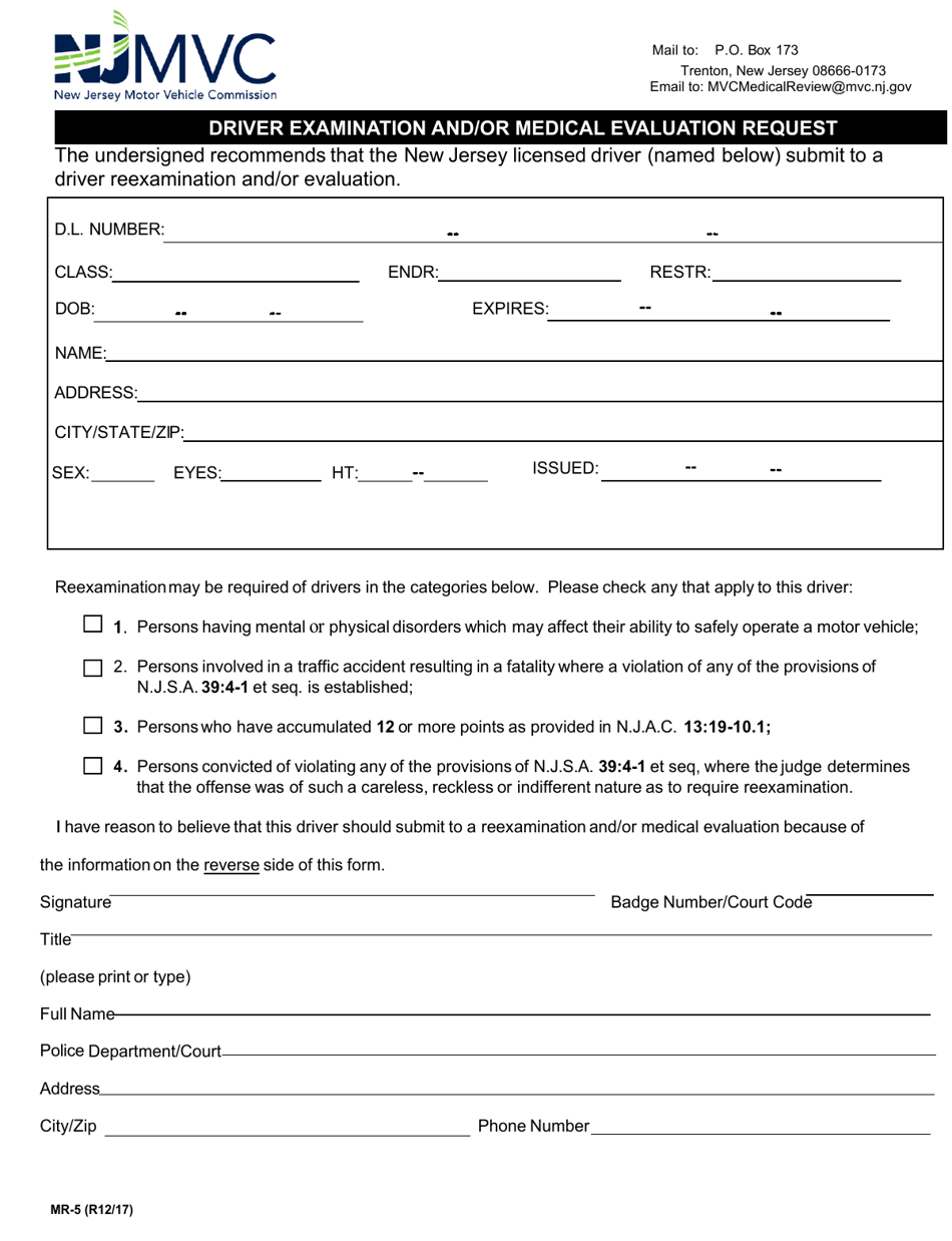 Form MR-5 Download Fillable PDF or Fill Online Driver Examination and ...