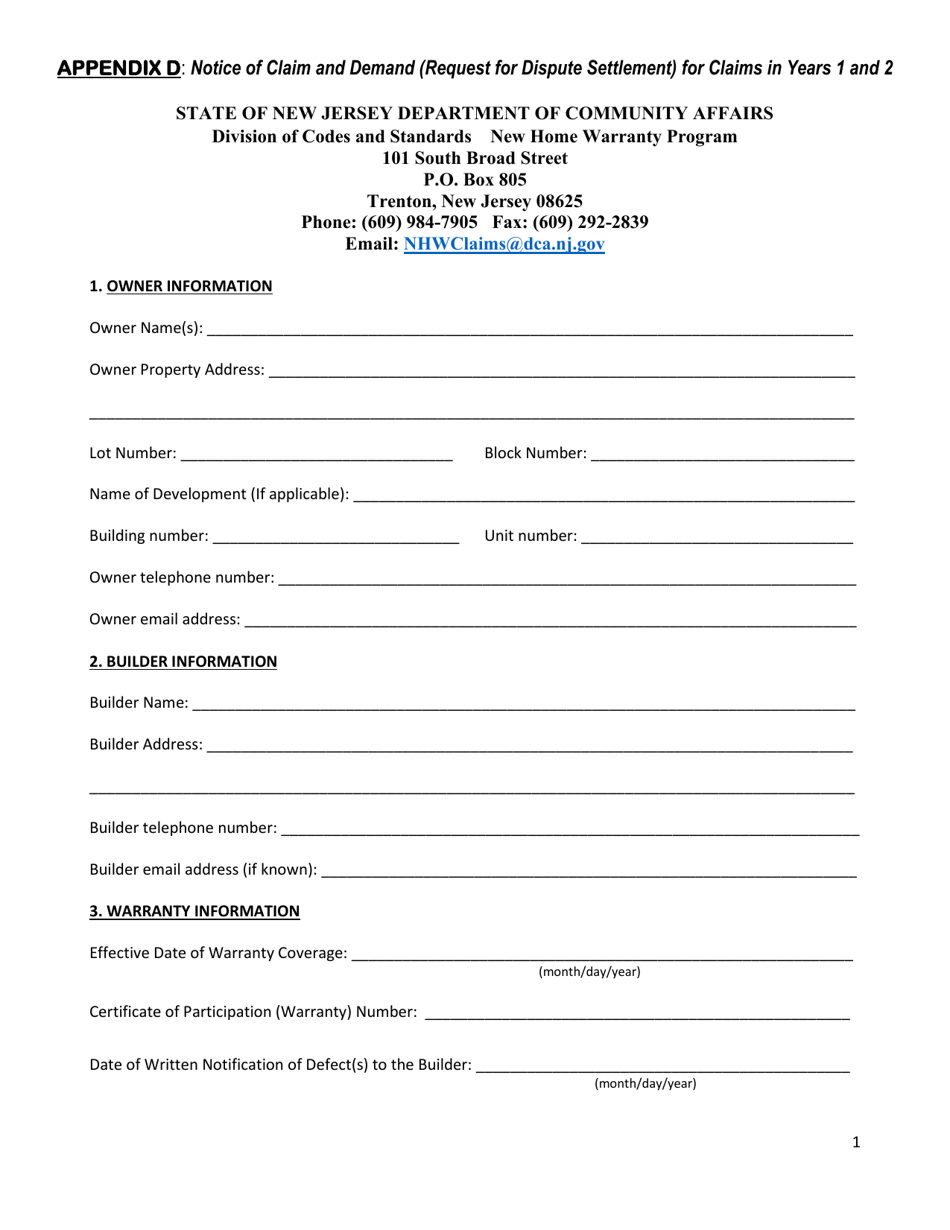 New Jersey Notice of Claim and Demand (Request for Dispute Settlement ...