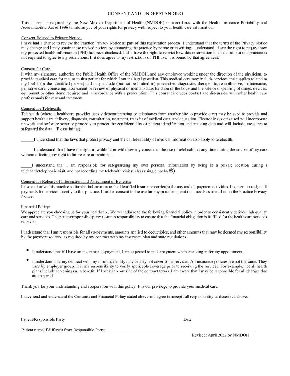 New Mexico Assignment of Benefits and Consent Form (English/Spanish ...