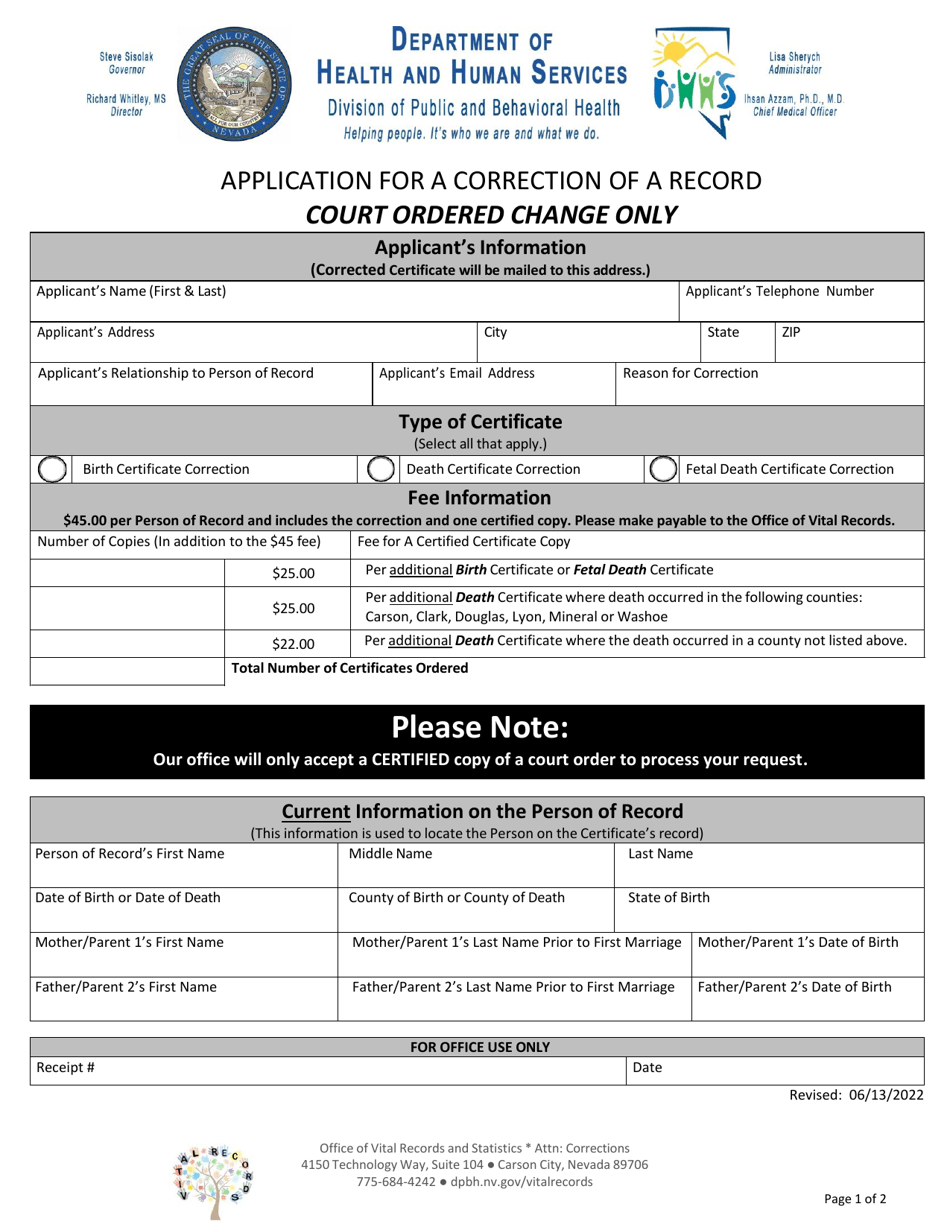 Nevada Application for a Correction of a Record - Court Ordered Change ...