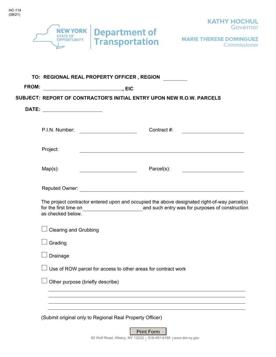 Form HC-114 Download Fillable PDF or Fill Online Contractor's Initial Entry Form, New York ...