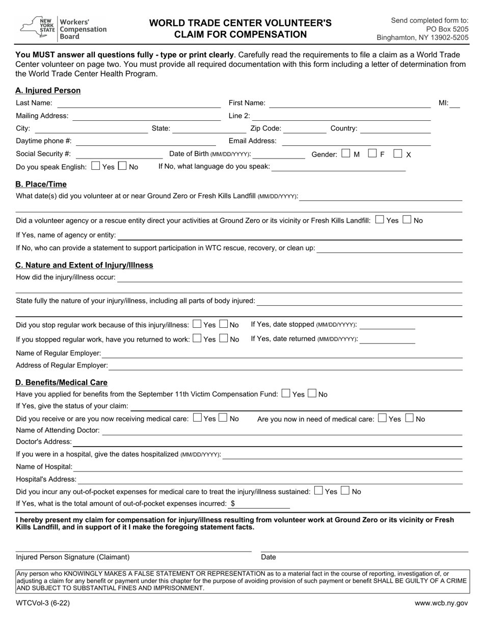 Form WTCVol-3 Download Fillable PDF or Fill Online World Trade Center ...