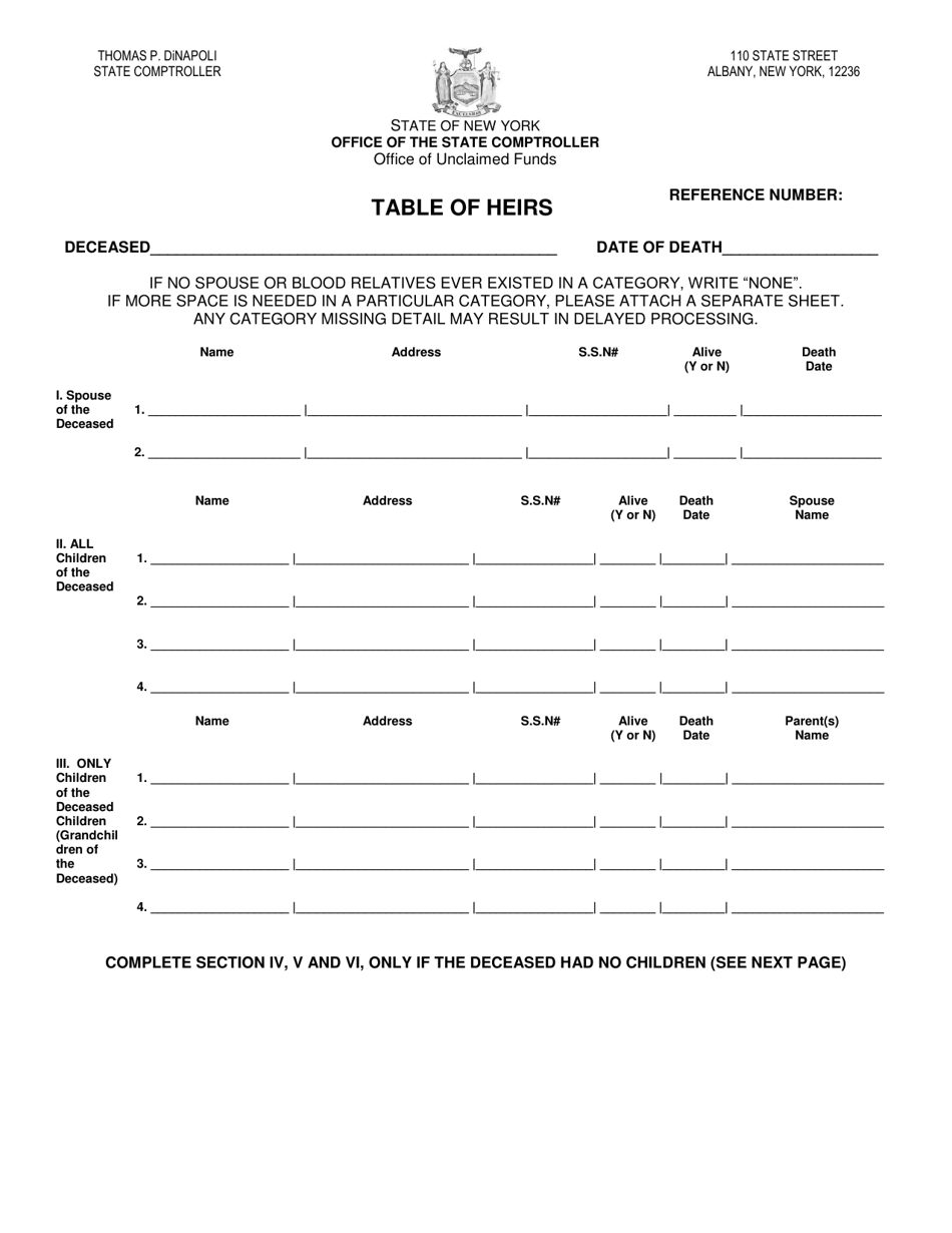 New York Table of Heirs - Fill Out, Sign Online and Download PDF ...