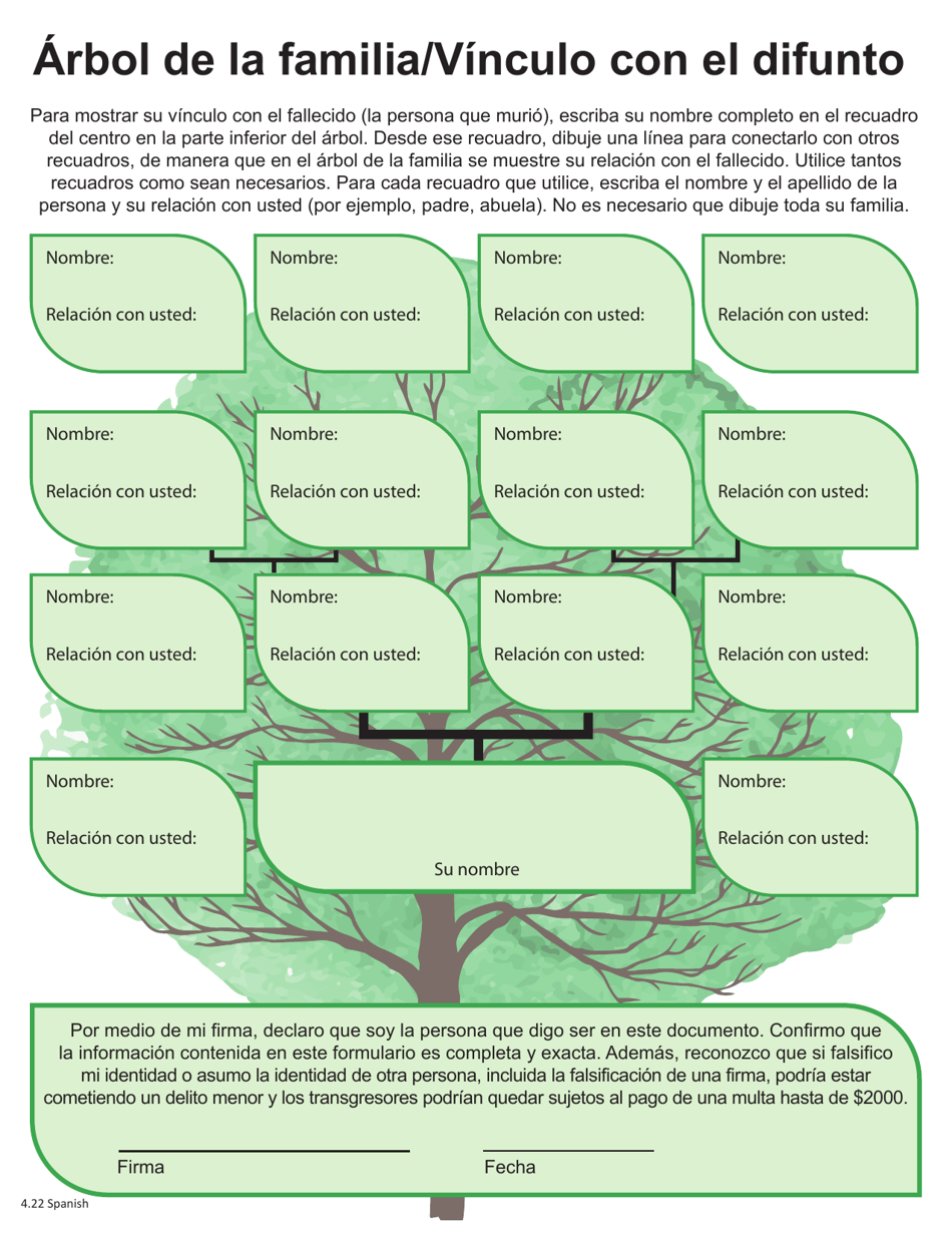 New York City Arbol De La Familia/Vinculo Con El Difunto (Spanish ...